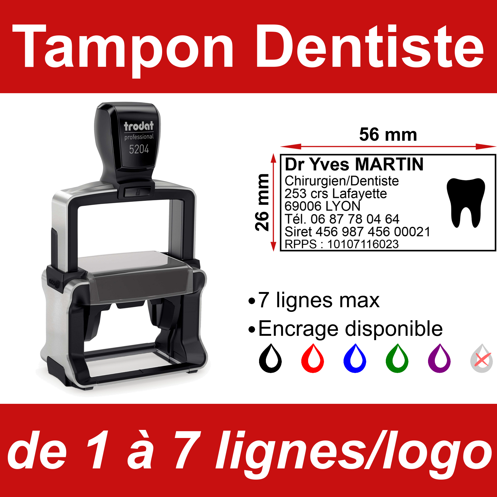 Tampon encreur professionnel pour Dentiste 7 lignes/logo | Tampon ...