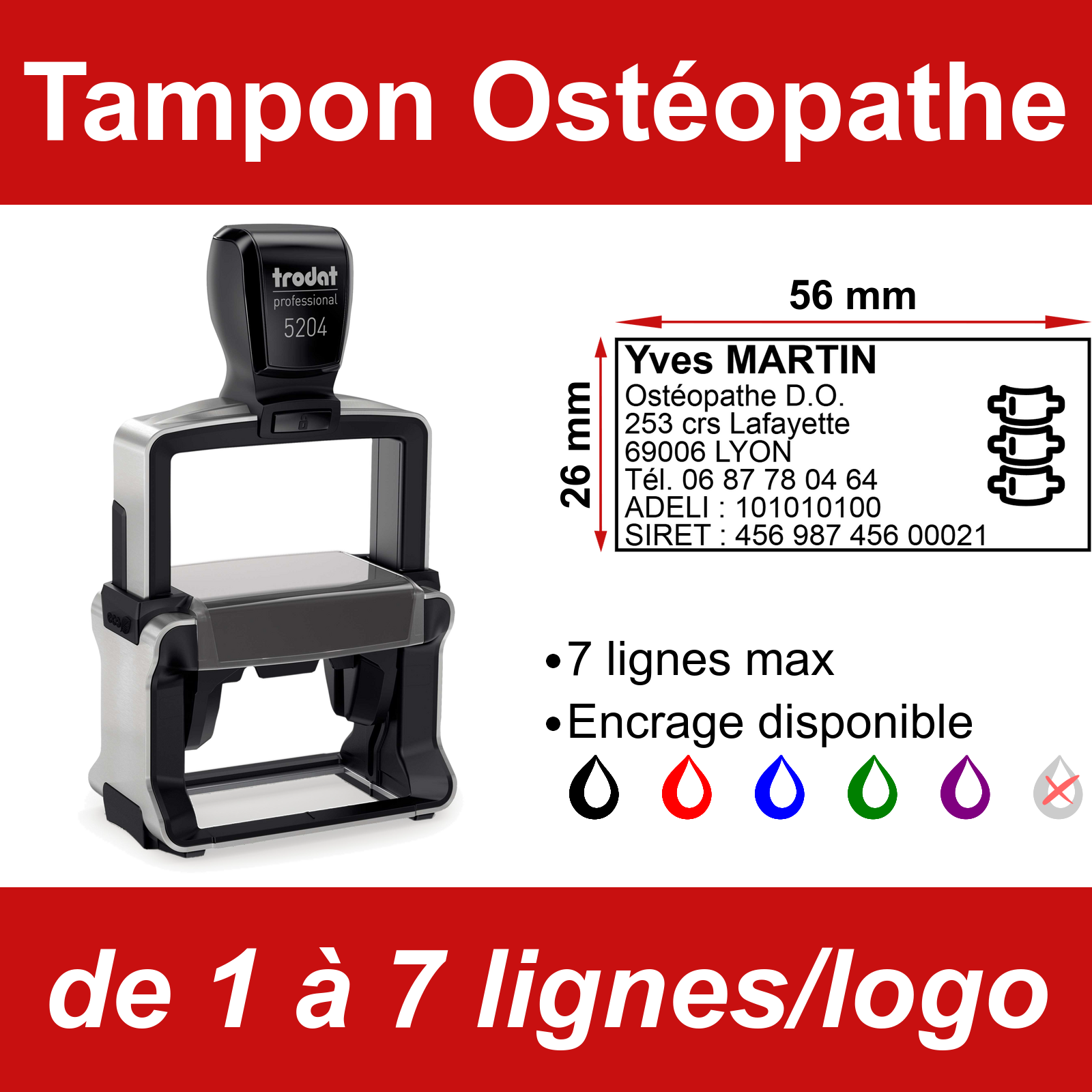 Tampon encreur professionnel pour Ostéopathe 7 lignes/logo | Tampon ...