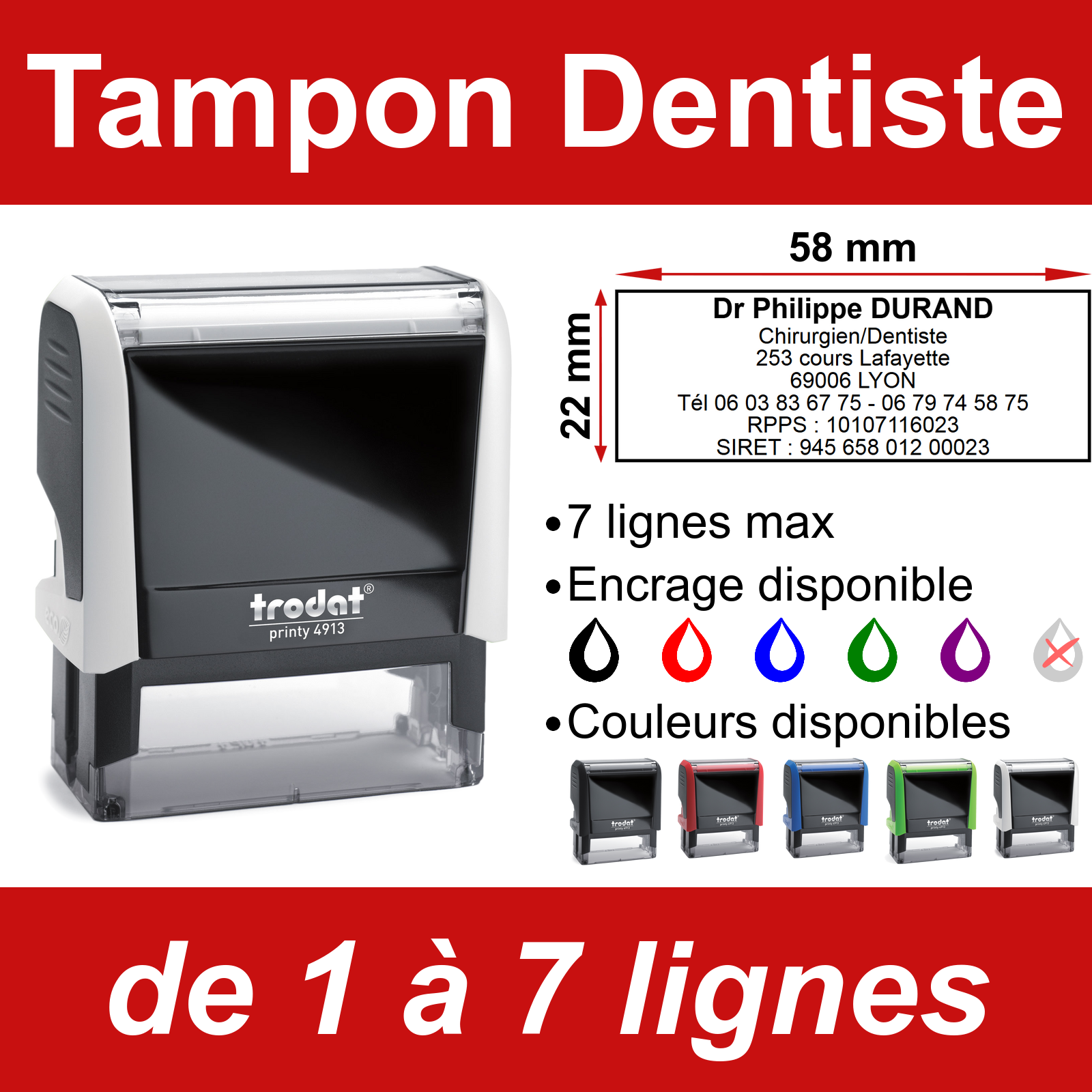 Tampon encreur pour Dentiste 7 lignes | Tampon Personnalisé