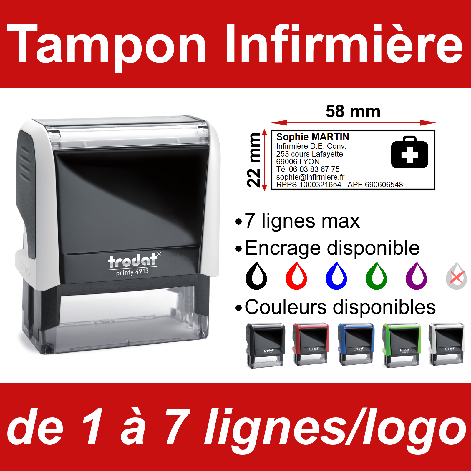 Tampon encreur pour Infirmière 7 lignes/logo | Tampon Personnalisé